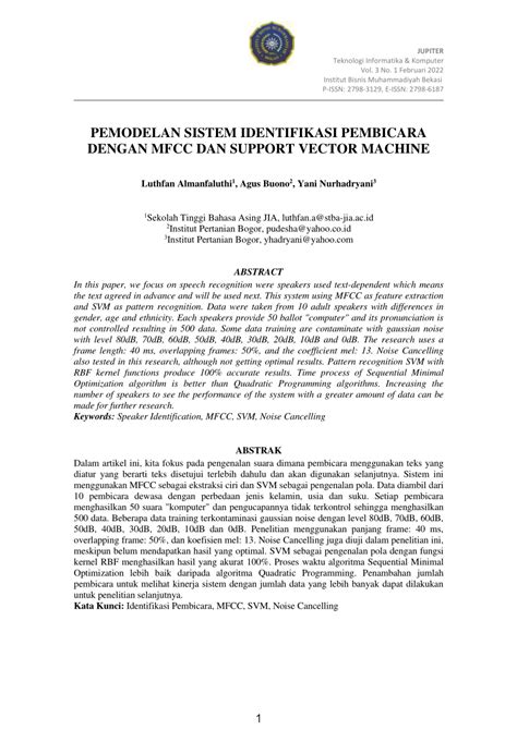 pdf pemodelan sistem identifikasi pembicara dengan mfcc dan support
