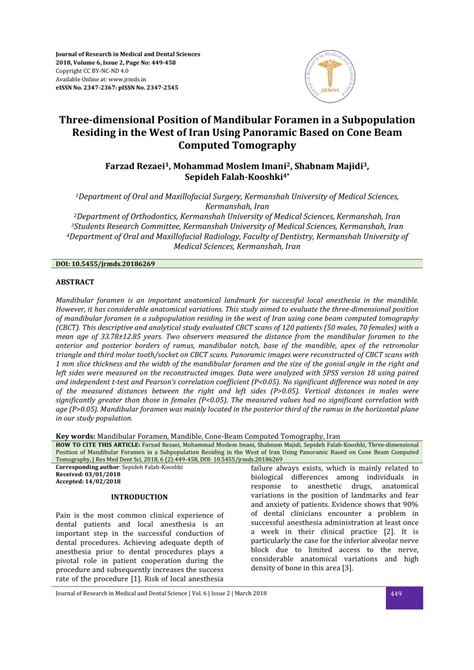 Pdf Of Mandibular Foramen In A Subpopulation Residing In The West Of Iran Using Panoramic