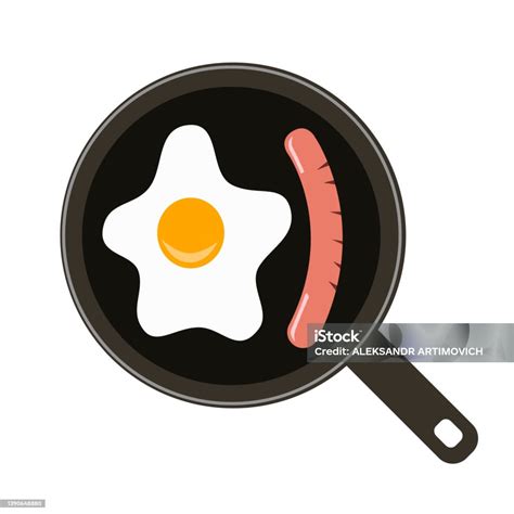 구운 소시지와 함께 계란 튀긴 아침 식사 흰색 배경에 격리된 벡터 일러스트 레이 션 고기에 대한 스톡 벡터 아트 및 기타 이미지 고기 굽기 노랑 Istock