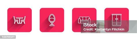 긴 그림자가 있는 의자 안락의자 소파 옷장이 있는 라인 테이블 빨간색 사각형 버튼 벡터 0명에 대한 스톡 벡터 아트 및 기타 이미지 Istock