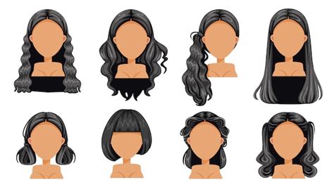 Premium Vector Black Hair Beautiful Hairstyle Black Hair Woman Set