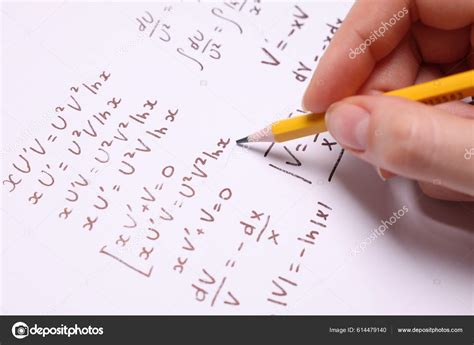 Student Writing Different Mathematical Formulas Paper Closeup — Stock