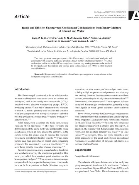 Pdf Rapid And Efficient Uncatalyzed Knoevenagel Condensations From Binary Mixture Of Ethanol
