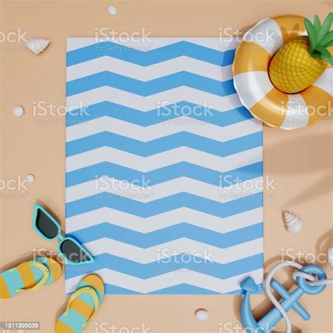 여름 방학을 준비하는 해변 액세서리와 함께 여름 휴가를 보내십시오 여름 해변 장면과 야자수 잎의 그림자 일러스트레이션 배너입니다 3d 렌더링 그림 3차원 형태에 대한 스톡