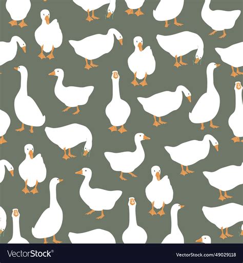 Cute White Geese Seamless Pattern On Green Vector Image