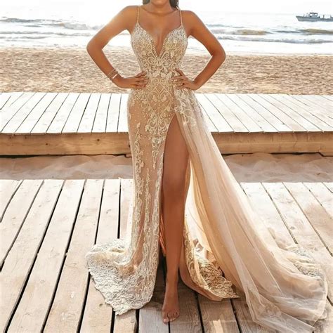 Elegant Women Gold Mermaid Prom Dresses Golden Sexy Lace Beaded