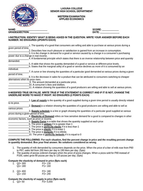 Midterm Exam Applied Economics Pdf Elasticity Economics Demand