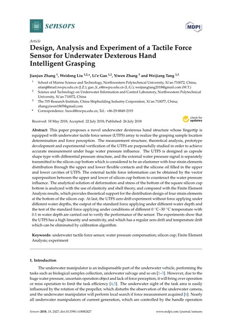 Pdf Design Analysis And Experiment Of A Tactile Force Sensor For Underwater Dexterous Hand