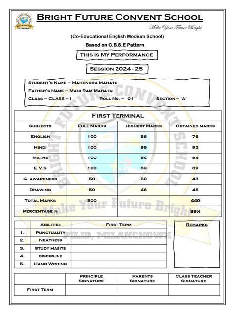 Std 1 First Terminal Report Card Bfcs Pdf Linguistics Learning