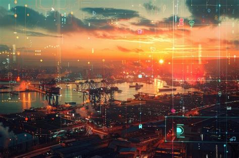 sunset over busy port with digital network overlays premium ai