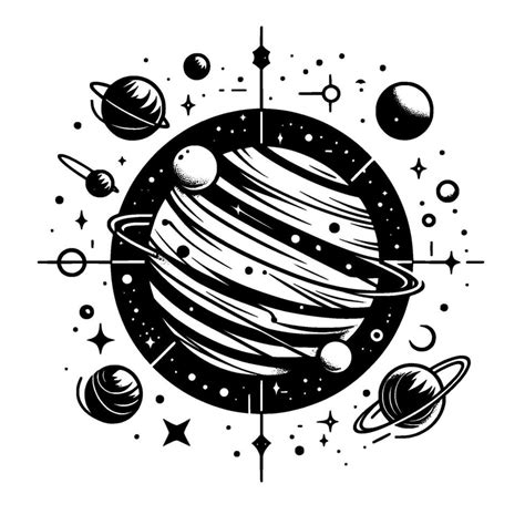 Black And White Cosmic Illustration Featuring A Central Striped Planet With Rings Surrounded By