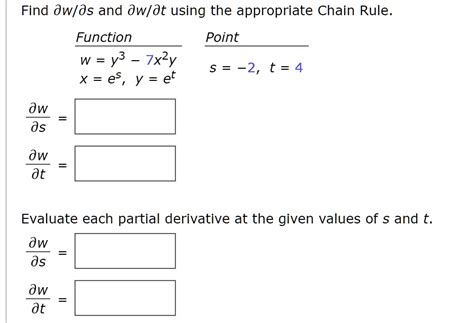 SOLVED Find Dw Ds And Dw Dt Using The Appropriate Chain Rule Function Point W Y3 Zx2y 5 2