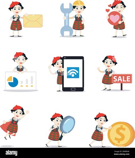 Set Of Character Woman In Scottish Lassie Costume Stock Vector Image