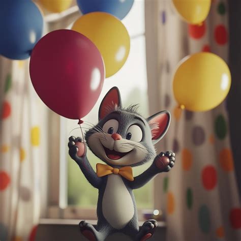 3d Rendered Photos Of Tom Jerry Playing With Balloons Premium Ai