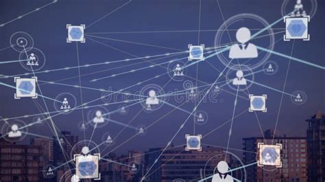 Animation Of Icons Connected With Lines Over Modern City Against Clear Sky Stock Footage Video