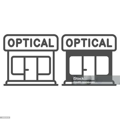 광학 상점 집 선과 단색 아이콘 광학 장비 개념 벡터 그래픽 흰색 배경에 건물 간판을 저장하고 모바일 또는 웹 디자인을위한 윤곽선 스타일 아이콘을 표시합니다 건강관리와