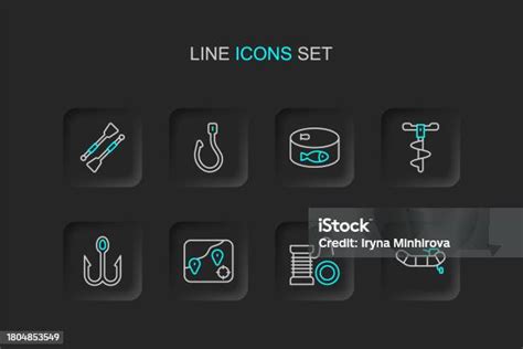 모터가 달린 풍선 보트 낚시 스피닝 릴 위치 낚시 바늘 핸드 아이스 드릴 통조림 노 패들 아이콘을 설정합니다 벡터 겨울에 대한 스톡 벡터 아트 및 기타 이미지 Istock