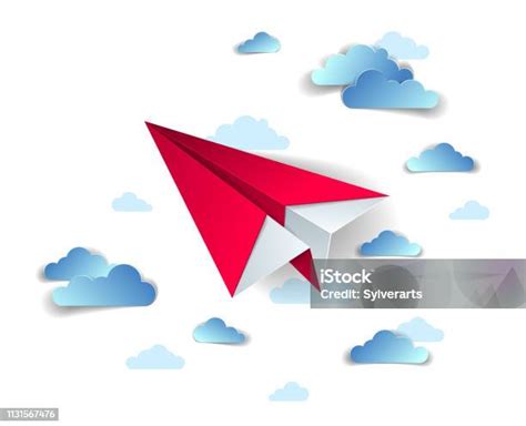 아름 다운 구름과 하늘에서 비행 종이 접기 종이 비행기 장난감 장난감 제트 이륙 아름 다운 Cloudscape의 완벽 한 벡터 일러스트 레이 션 항공 여행 테마 3차원