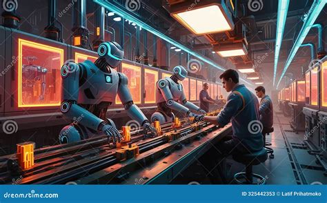 Advanced Robotic Assembly Line In A Futuristic Factory With Ai Integrated Robots Working With
