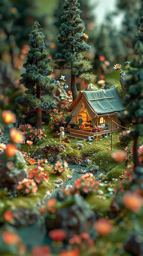 숲 속 캠핑 핑크와 흰 꽃 초록 나무로 둘러싸인 텐트와 아이들이 노는 3d 미니어처 장면