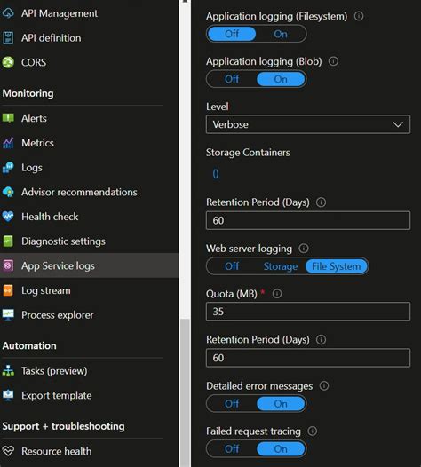 configuring app service web and app logs to use blob storage · issue