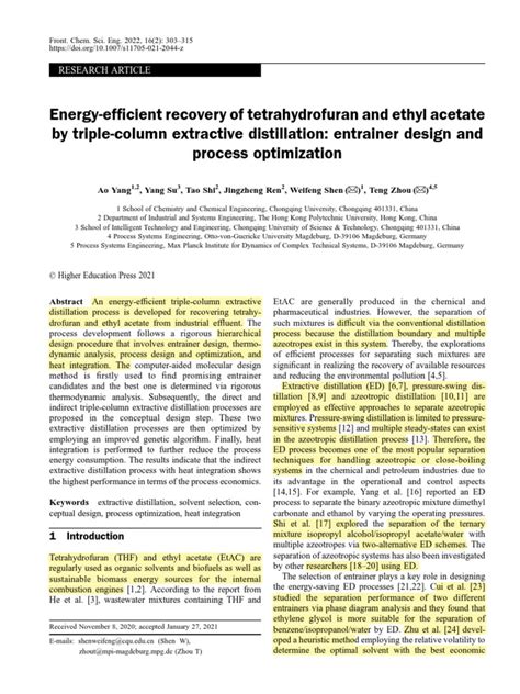 Energy Efficient Recovery Of Tetrahydrofuran And Ethyl Acetate By