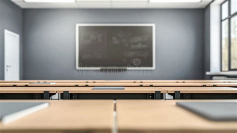 Empty Classroom With Rows Of Wooden Desks Facing A Blackboard In A Brightly Lit Room Clean And