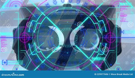 Data Processing And Neon Scope Scanner Against Close Up Of Vr Headset
