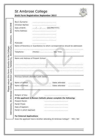 Sixth Form External Application Form St Ambrose College