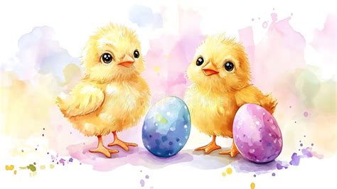Cute Yellow Chicks With Colorful Eggs Watercolor Easter Illustration On White Background Stock