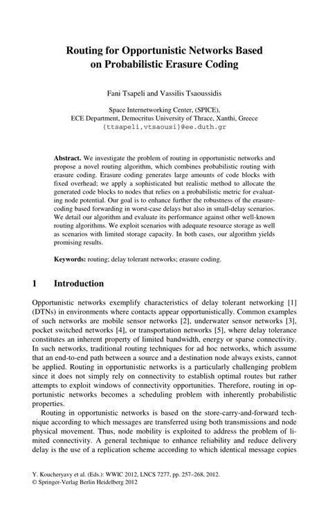 PDF Routing For Opportunistic Networks Based On Probabilistic Erasure Coding
