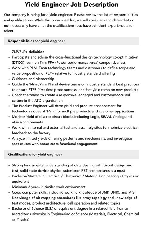 Yield Engineer Job Description Velvet Jobs