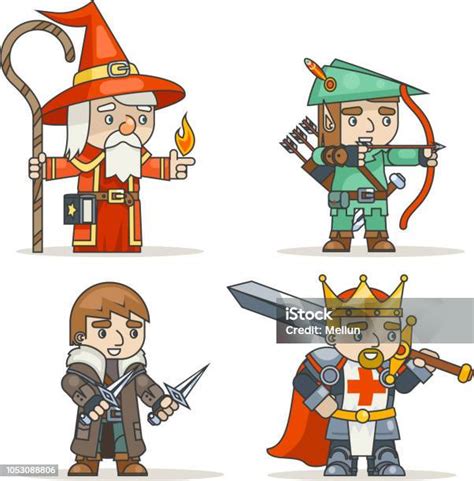 마법사 사냥꾼 아처 사격의 명 수 전사 왕 도둑 판타지 중세 액션 롤플레잉 게임 캐릭터 고립 아이콘 벡터 일러스트 레이 션 중세에 대한 스톡 벡터 아트 및 기타 이미지