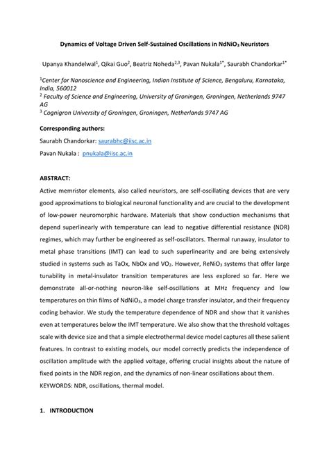 Pdf Dynamics Of Voltage Driven Self Sustained Oscillations In Ndnio