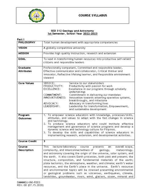 Sed 312 Iso Course Syllabus In Geology And Astronomy Pdf Earth