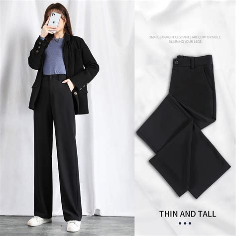 넓은 다리 바지 여성 새로운 하이 웨스트 슬리밍 캐주얼 드레이프 걸레질 정장 바지 느슨한 블랙 봄 여름 Aliexpress