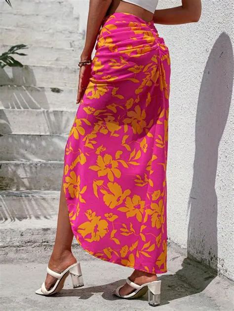 꽃 프린트 스플릿 셔링 스커트 봄 여름용 캐주얼 하이 웨스트 스커트 여성 의류 Temu Republic Of Korea