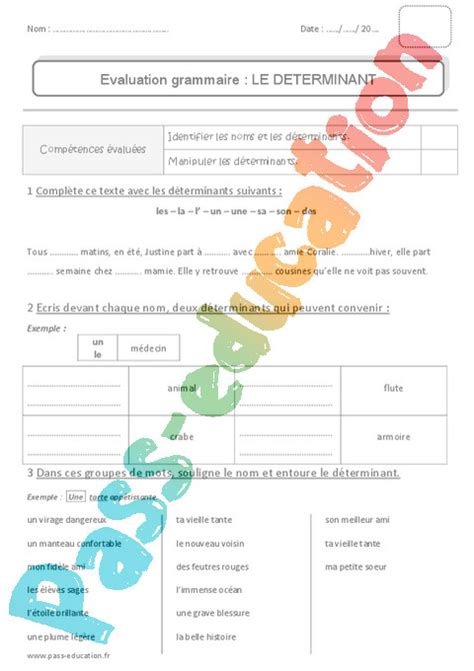 Evaluation Article Et Déterminant Ce1 Bilan Et Controle Corrigé