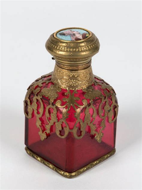 French Ruby Glass Scent Bottle With Enamel Portrait Top Scent Bottles