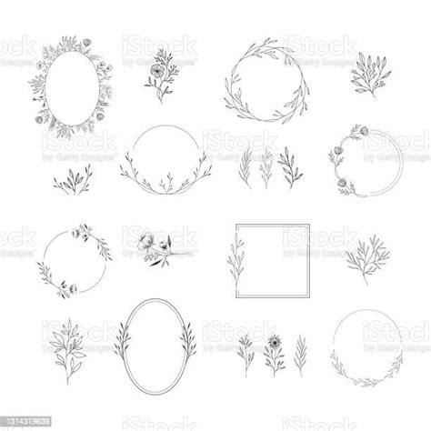 식물 디자인 요소 세트 프레임 테두리 화환 잎 허브 꽃다발 빈티지 웨딩 스타일 벡터 격리 된 그림입니다 식물학에 대한 스톡 벡터