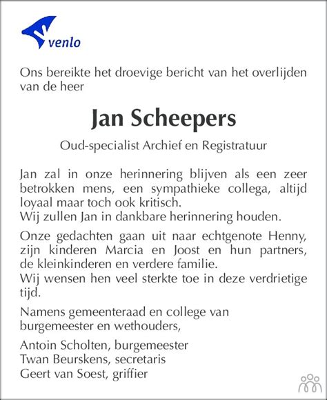 Jan Scheepers 19 12 2020 Overlijdensbericht En Condoleances Mensenlinqnl