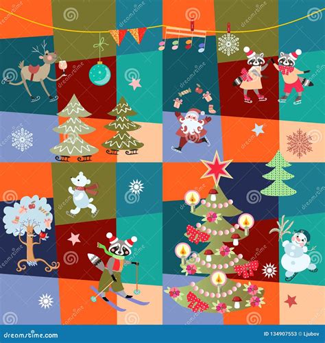 Christmas Patchwork Pattern With Cute Cartoon Characters In Vector