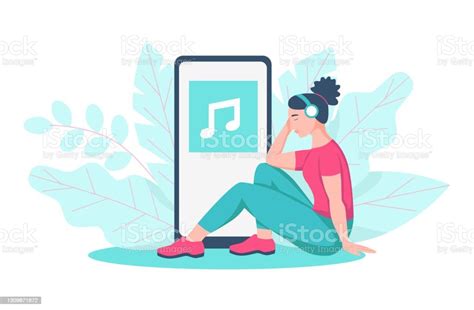 한 청녀가 바닥에 앉아 헤드폰으로 음악을 듣습니다 개념 팟 캐스트 음악 애호가 온라인 라디오 오디오 북 일상 생활 플랫 벡터 그림입니다 Mp3 플레이어에 대한 스톡 벡터