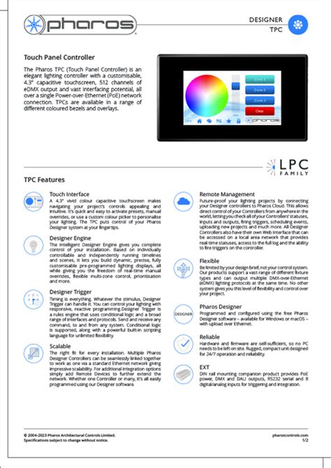 datasheets and specs — pharos controls