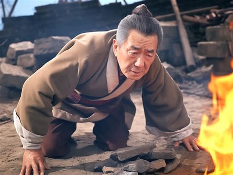 There Is A Man Bending Over To Look At A Fire Generative Ai Premium