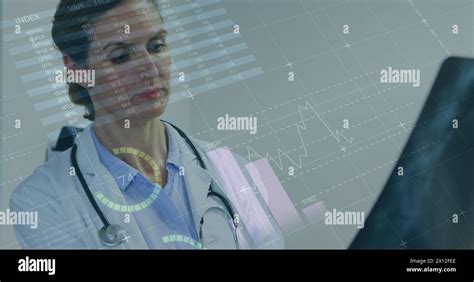 Image Of Data Processing Over Caucasian Female Doctor With Xray Stock