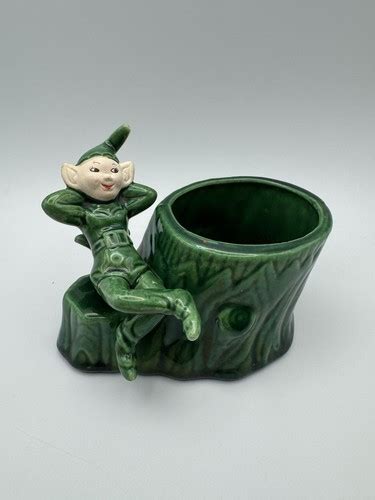 Treasure Craft California Green Pixie Elf On Tree Planter Vase Vintage