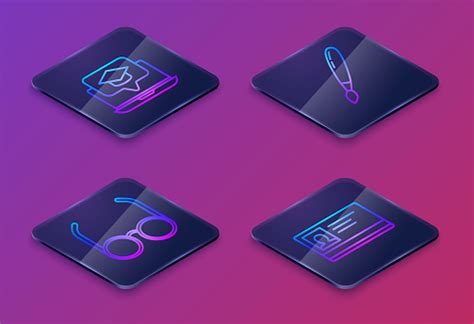 화면 노트북 안경 페인트 브러시 및 식별 배지에 등색 선 졸업 캡을 설정합니다 파란색 정사각형 버튼 벡터 3차원 형태에 대한 스톡 벡터 아트 및 기타 이미지 Istock