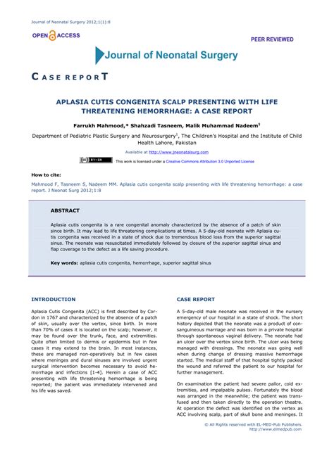 Pdf Aplasia Cutis Congenita Scalp Presenting With Life Threatening Hemorrhage A Case Report
