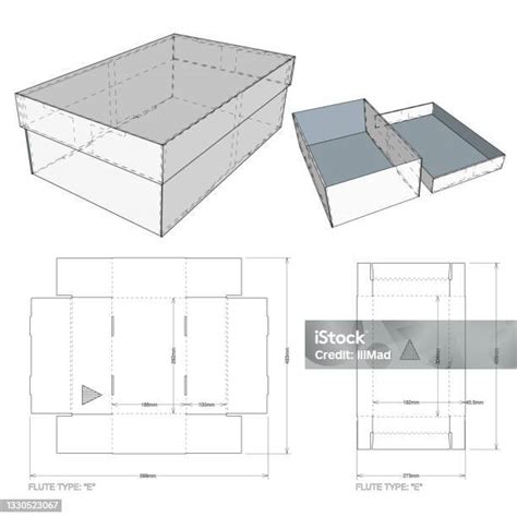 상단 및 하단 상자와 다이 컷 패턴 Eps 파일은 전체 스케일이며 완벽하게 작동합니다 실제 골판지 생산을 위해 준비되었습니다 쟁반에 대한 스톡 벡터 아트 및 기타 이미지